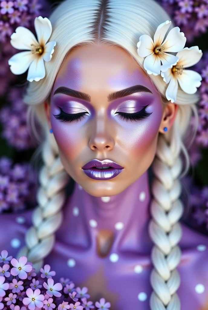 Unrealistic image woman covered with bright lilac flowers creeper style ...