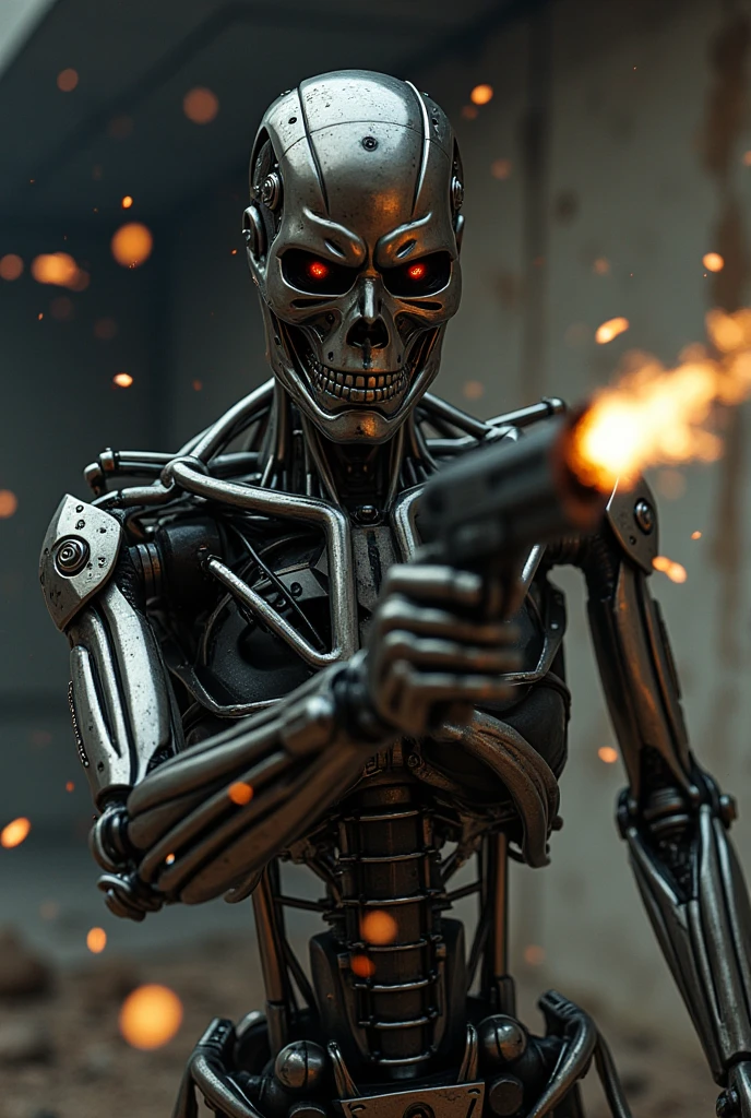 Image of the Terminator dodging many machine gun bullets thrown at him ...