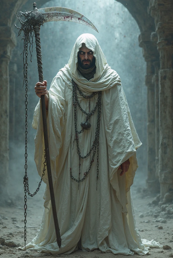 Man in white robe , large white sickle , with chains wrapped around his ...