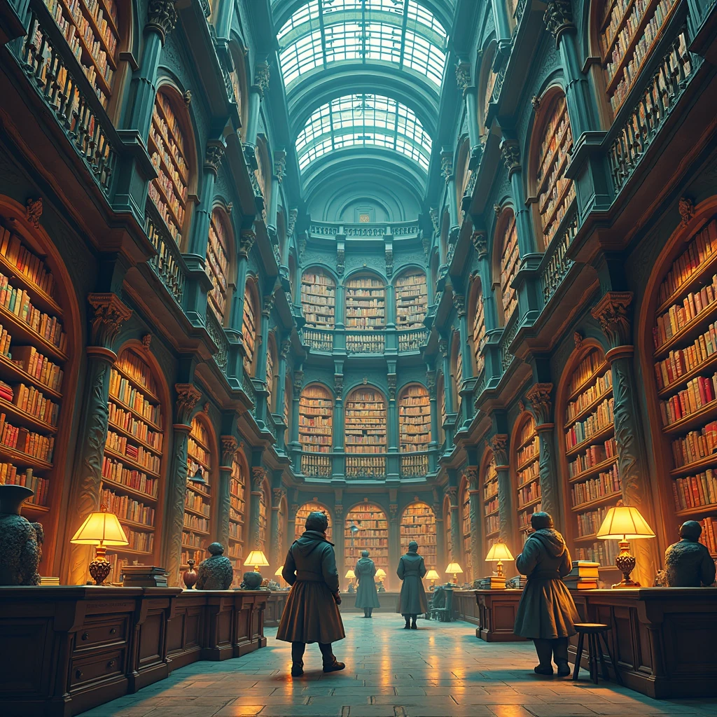 Multi-section library with blue colored books, greens, Marrones - SeaArt AI