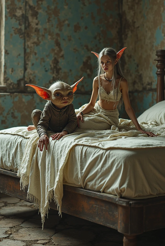 A goblin , elf , clinging to the edge of a mattress , in realistic ...