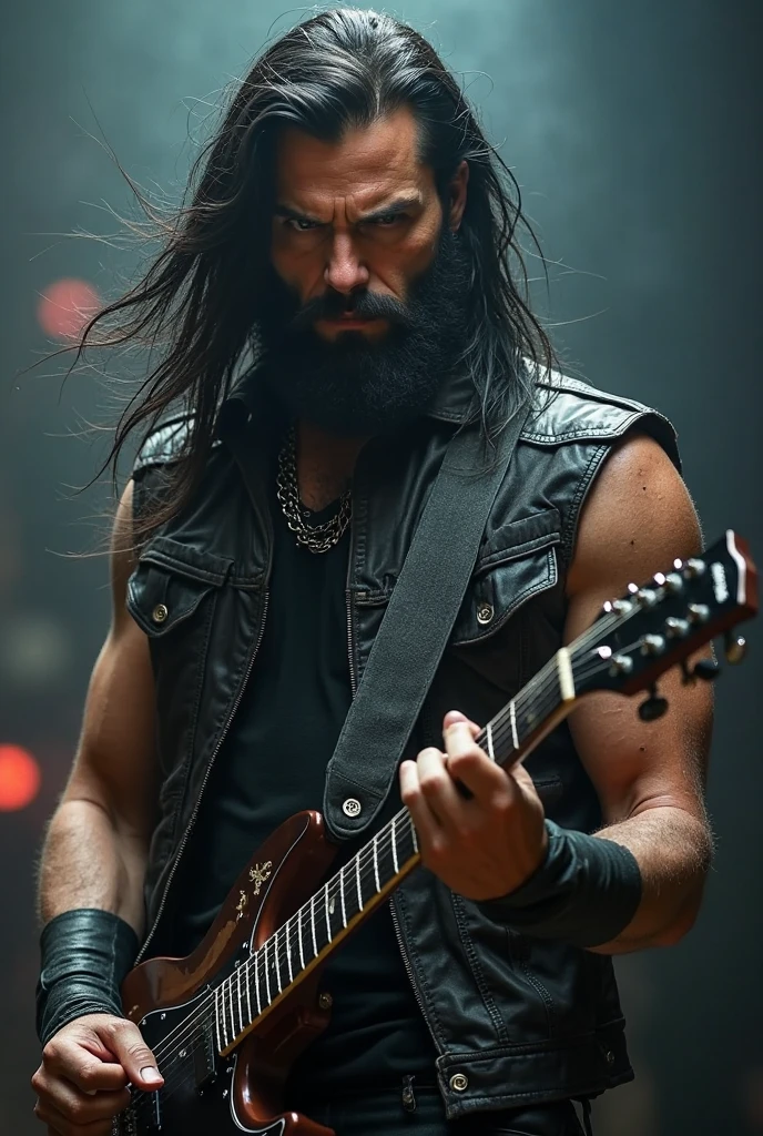 Rocker man with black beard long black hair black leather jacket in his ...