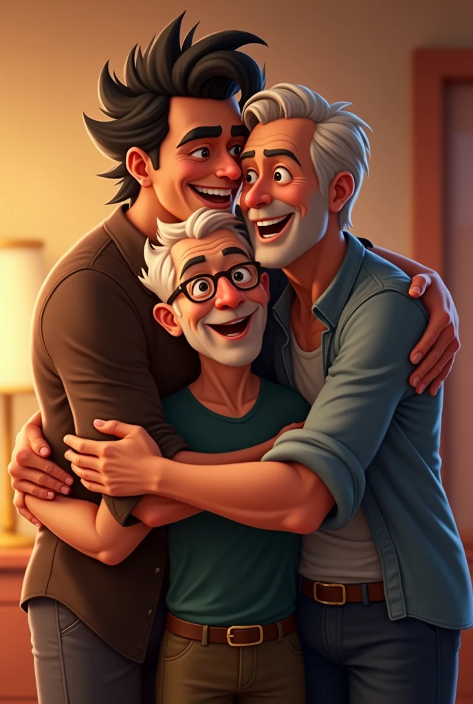 Three men hugging each other for a photo, one is taller than the others ...