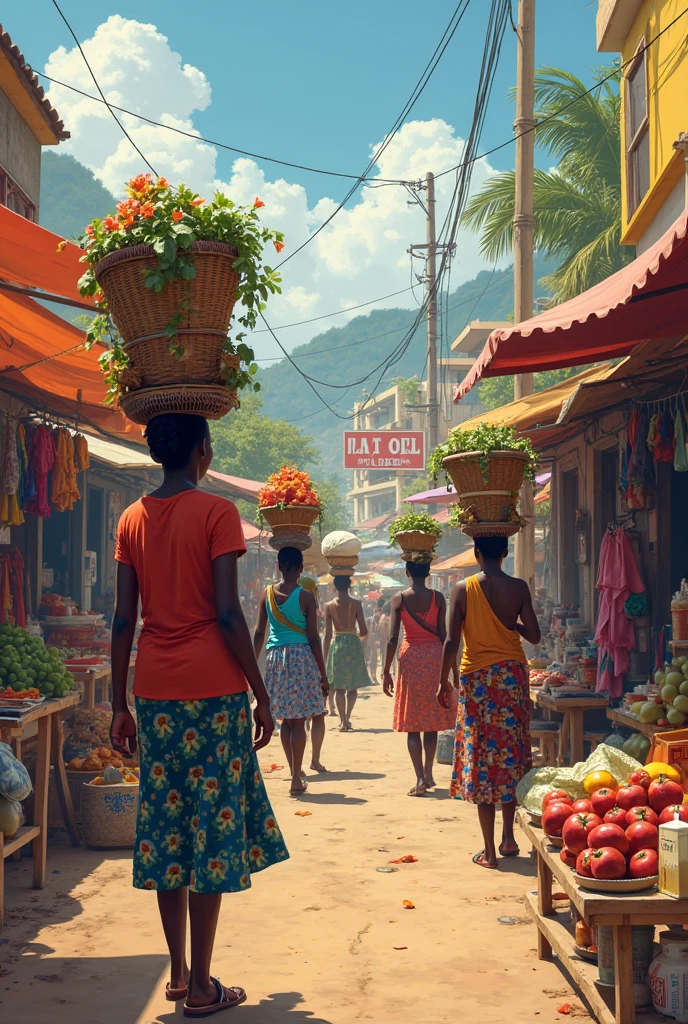 Generate an image with several street vendors at an informal market ...