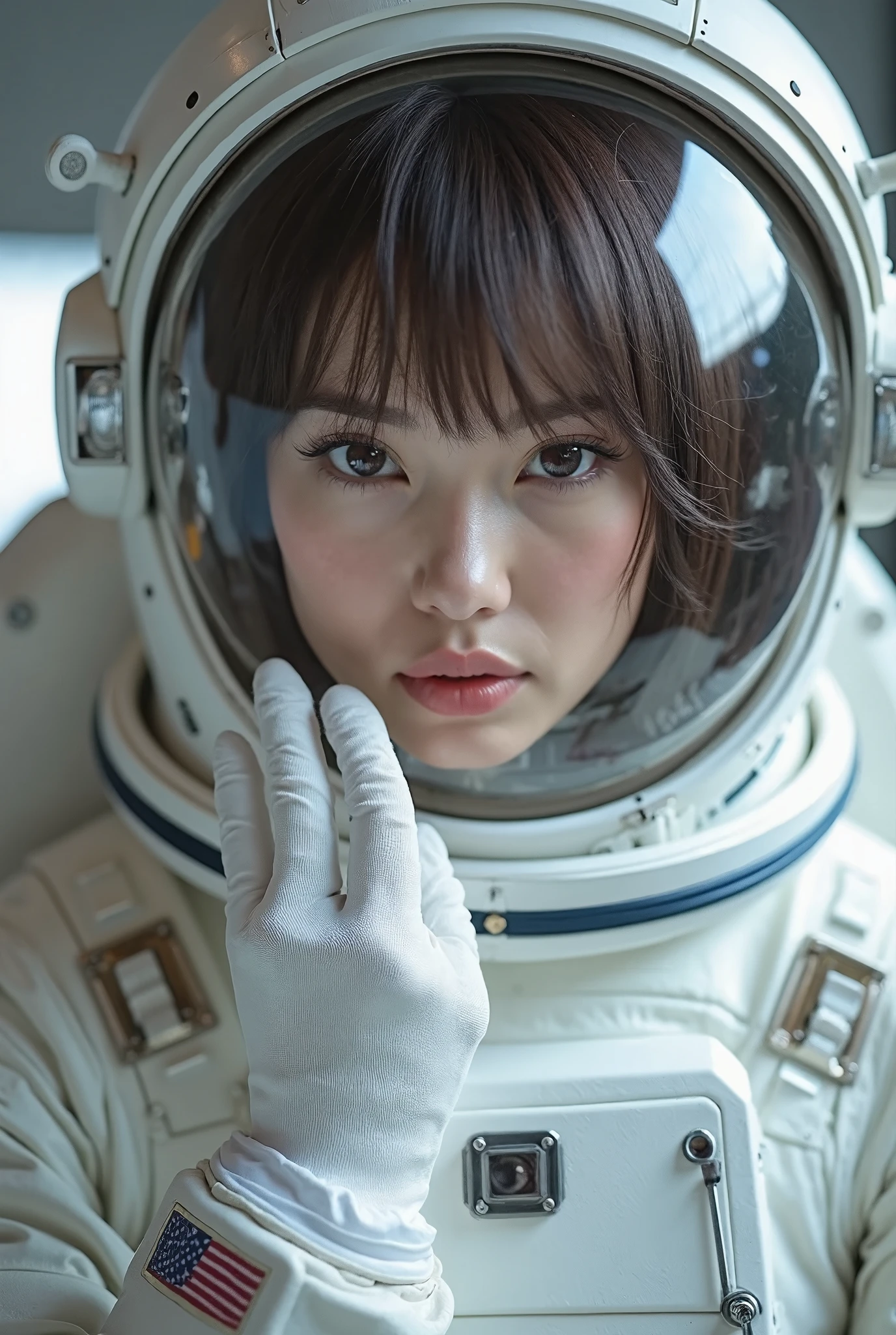 Arafed woman in a space suit with a glove on - SeaArt AI