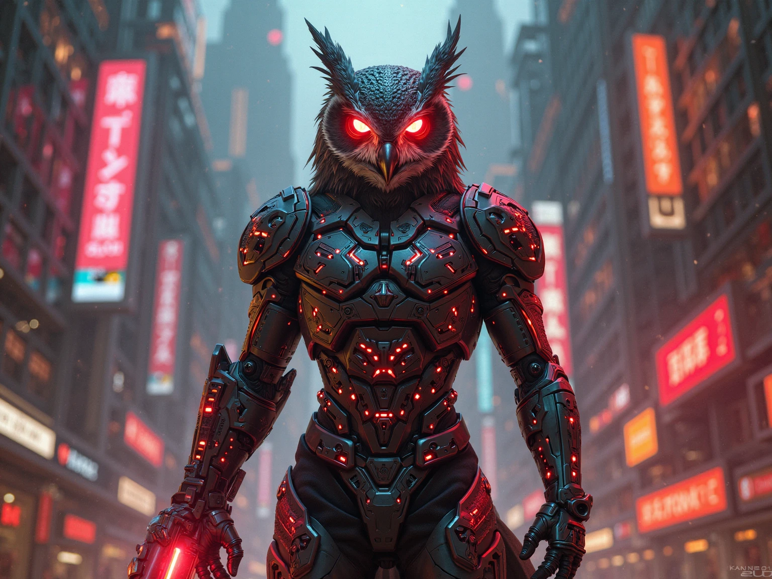 "A highly detailed and badass cyberpunk owl-human hybrid standing in a ...