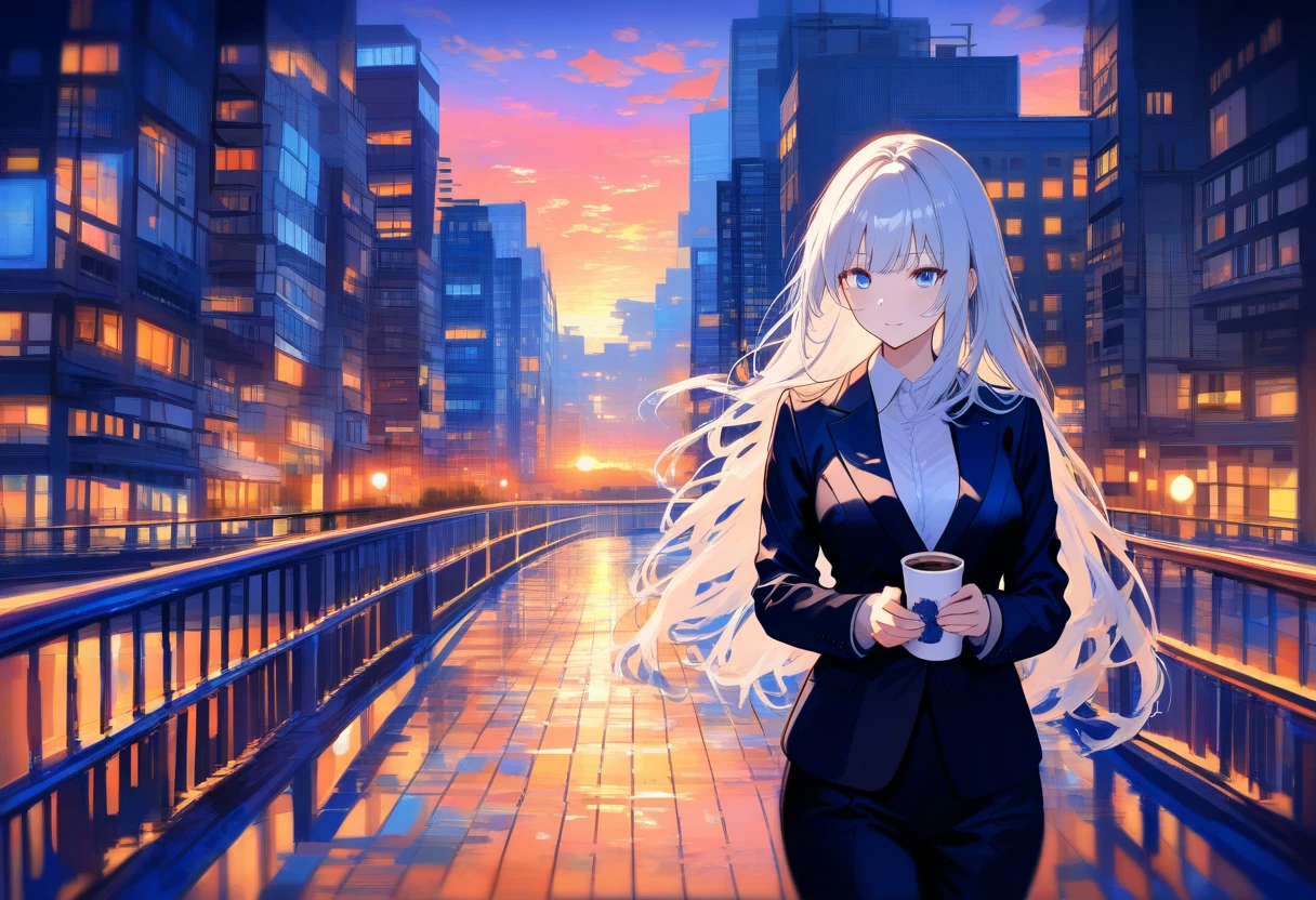 only one lady, detailed lady, silver hair, long hair, blue eyes, business suit, black suit ...