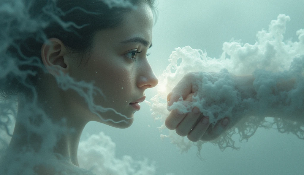 A male arm and fist formed by mist hits to the right directly on the ...
