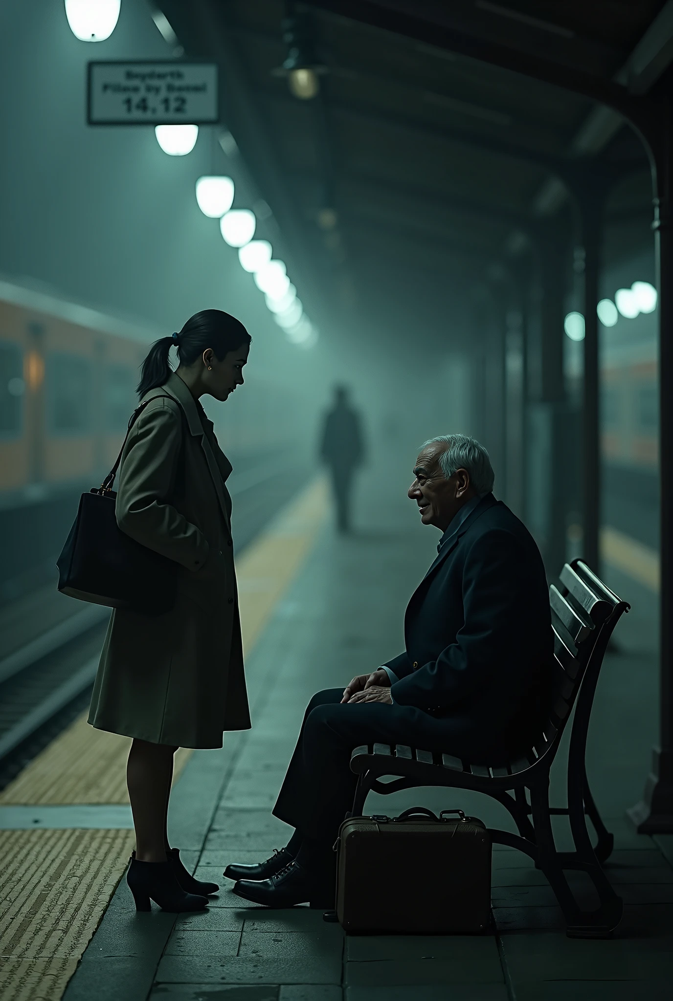 There is a man and woman sitting on a bench at a train station - SeaArt AI
