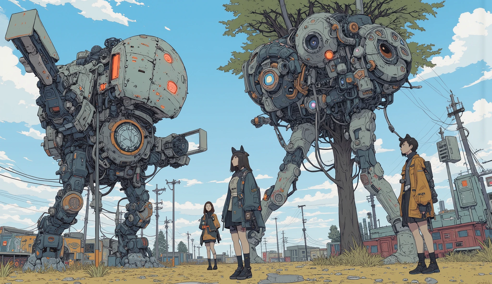 Anime characters standing in front of a giant robot in a city - SeaArt AI