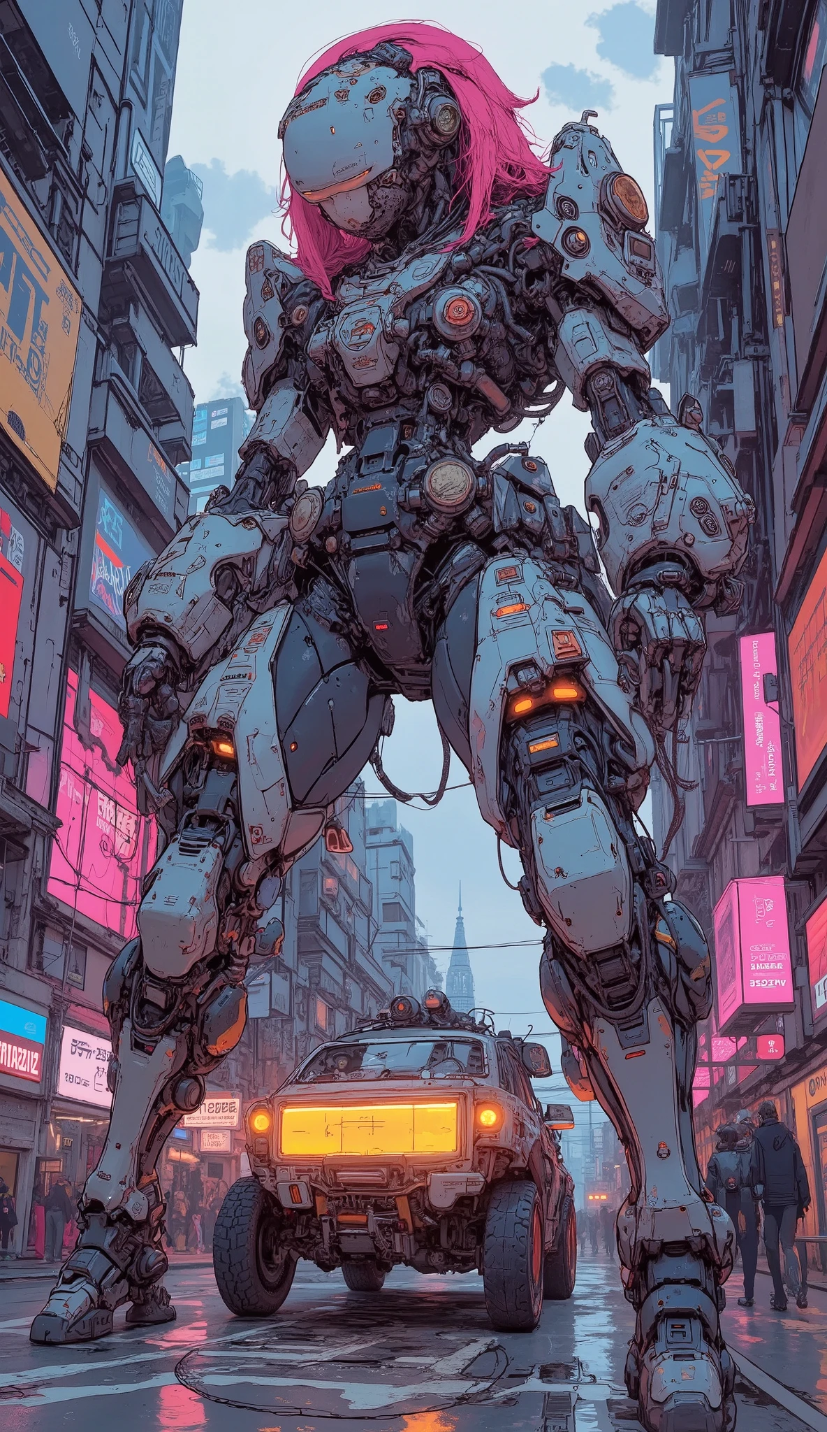 A close up of a robot with a car in the background - SeaArt AI