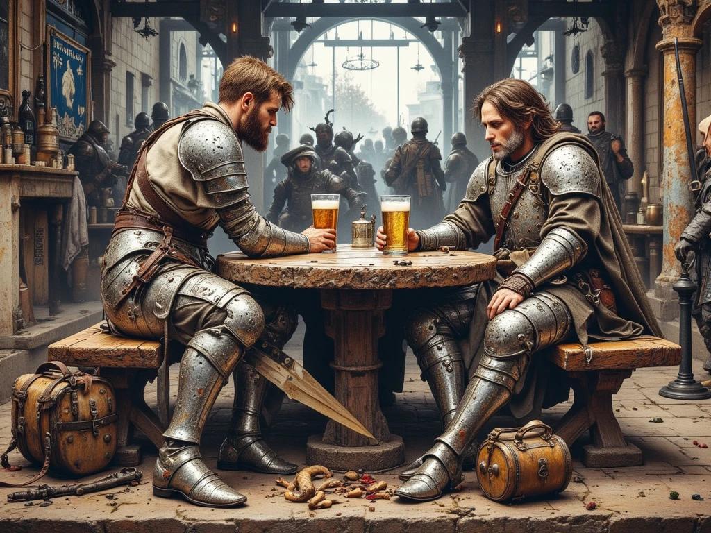 2 people sitting at a table in a crowded, rowdy medieval beergarden ...