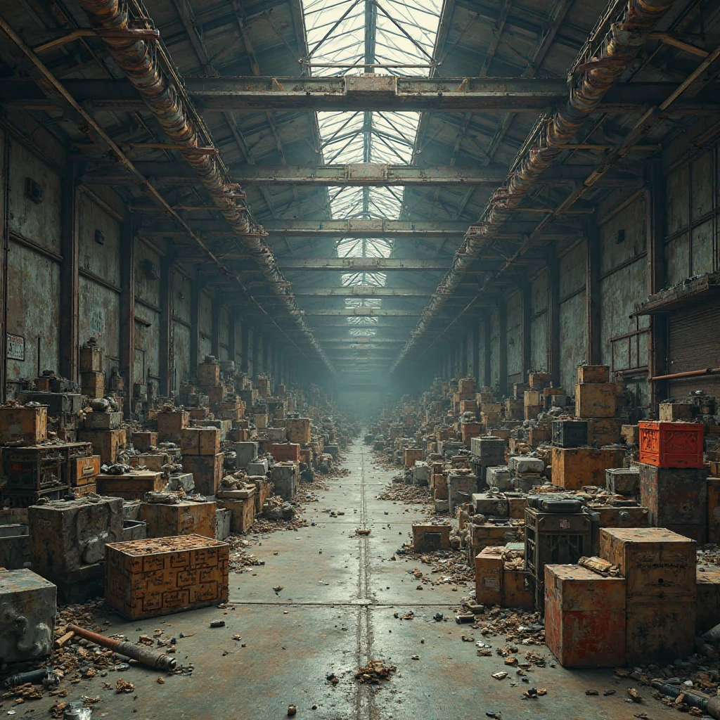 Draw a picture of a messy warehouse without shelves. - SeaArt AI