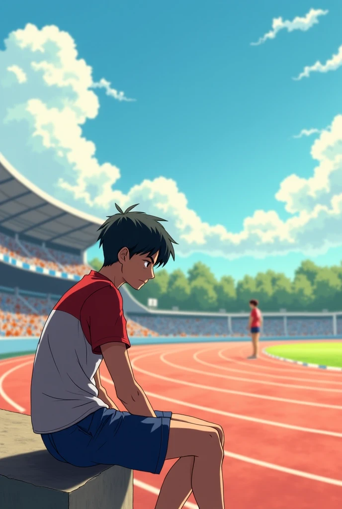 Alex* feeling discouraged, sitting on the edge of the track, looking at ...