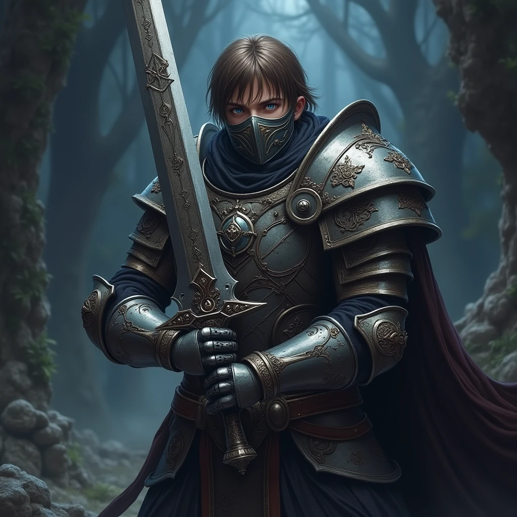 Young guy in heavy iron armor, his face is covered with a mask - SeaArt AI