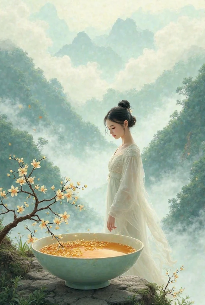 A young woman，Scenery of Chashan full of clouds，Hand drawn celadon bowl ...