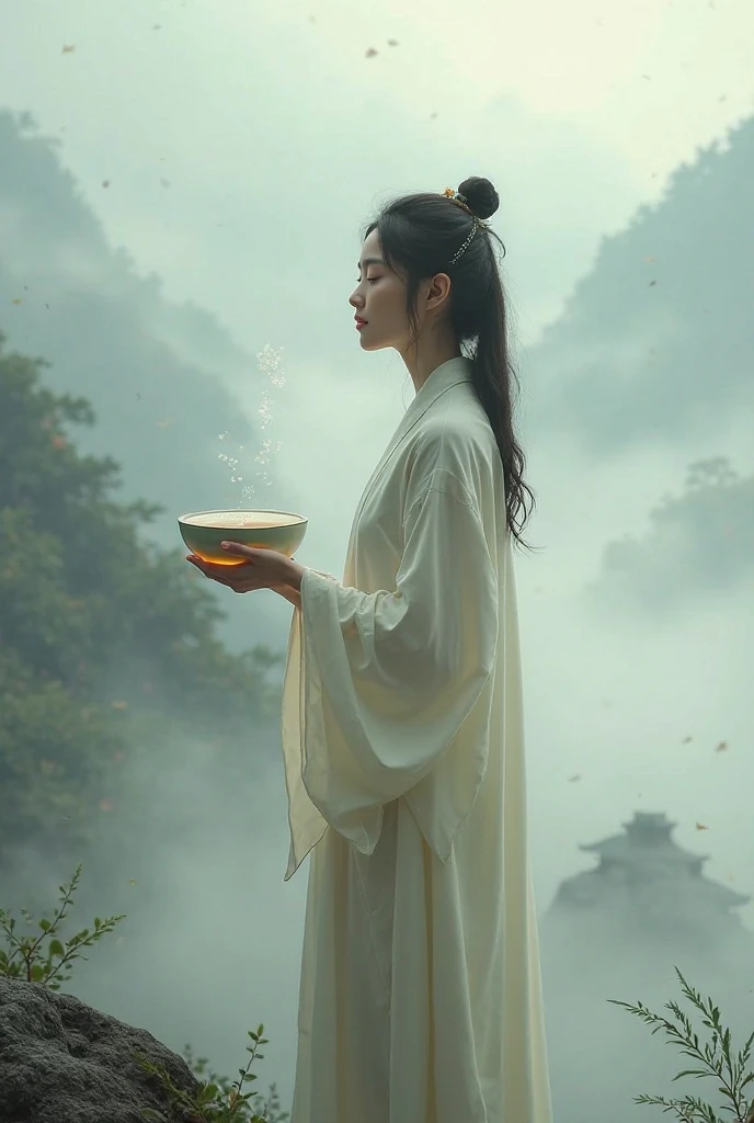 A young woman，and enjoy the misty scenery of Chashan，Hold a celadon ...