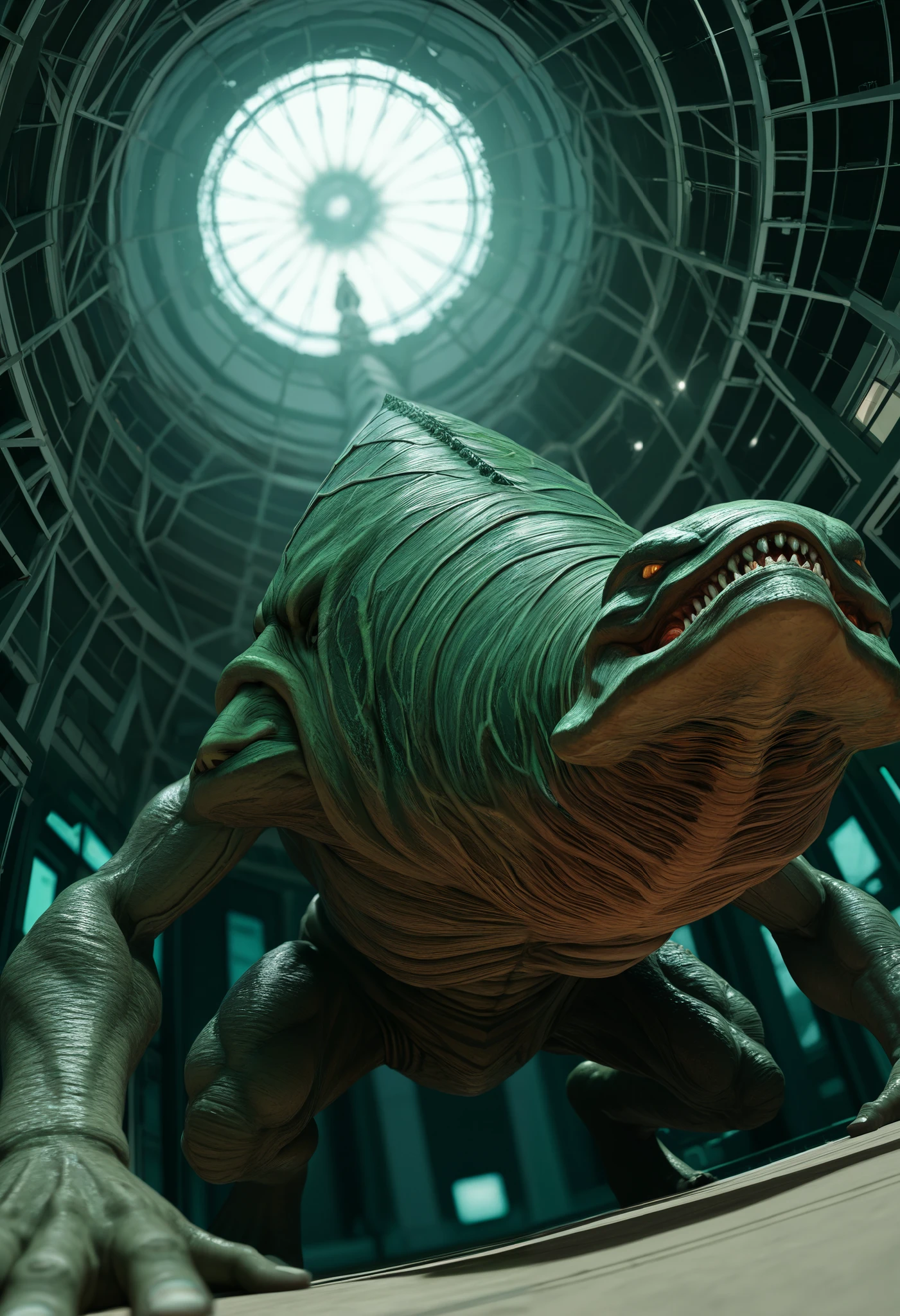 Giant alien being,Colossal, inside a biomechanical mega-structure ...