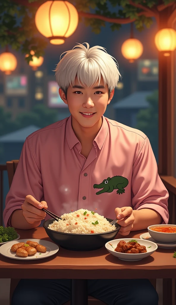 A handsome young Korean man with white hair, wearing a pink shirt with ...