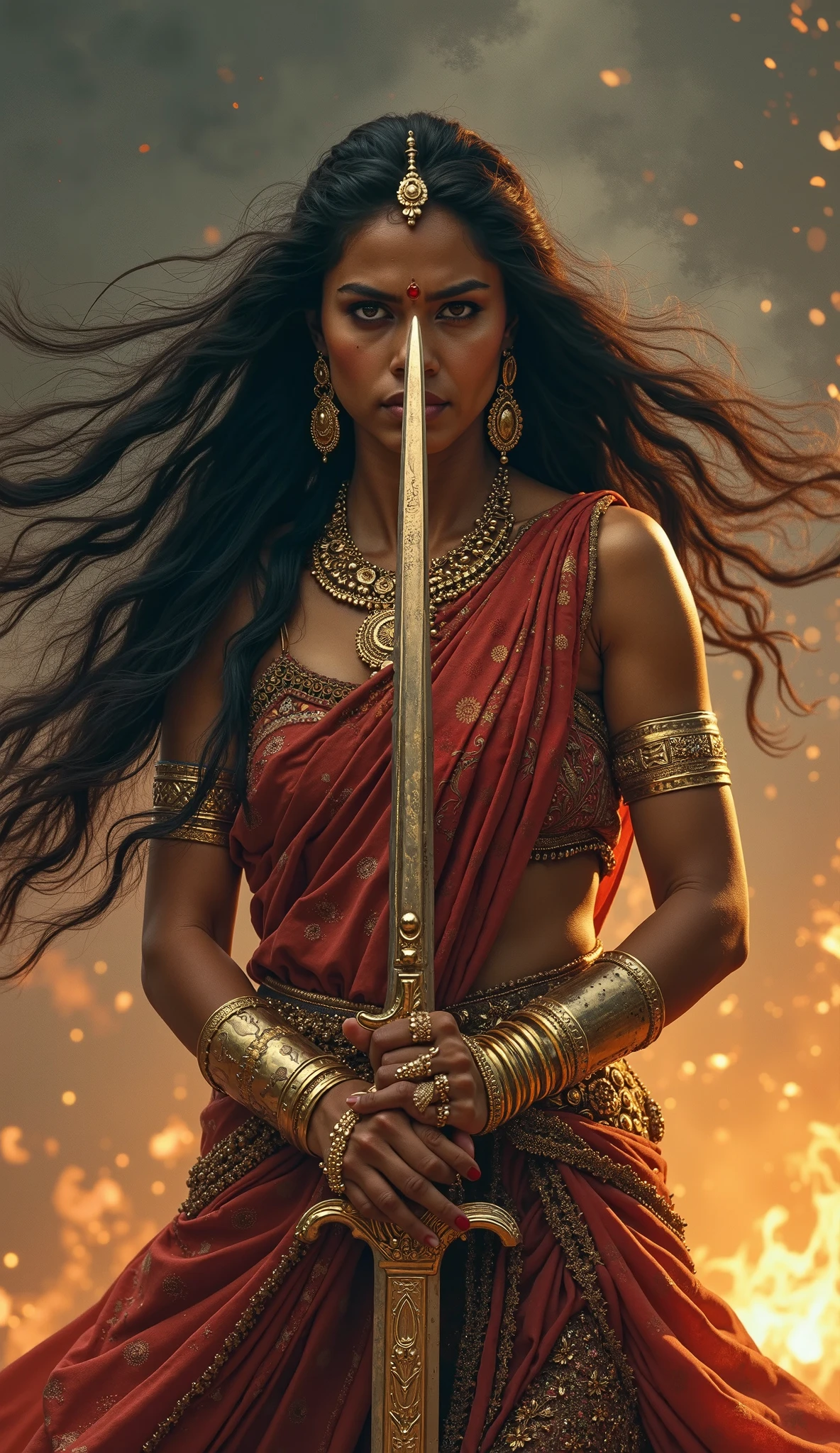 A woman in a red sari holding a sword in front of a fire - SeaArt AI