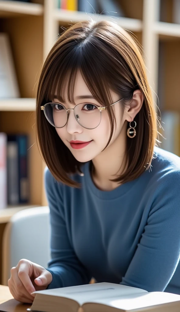 12K、hdr、 bit depth 10 bits、(((At the library)))、(((model wears square framed gla - SeaArt AI