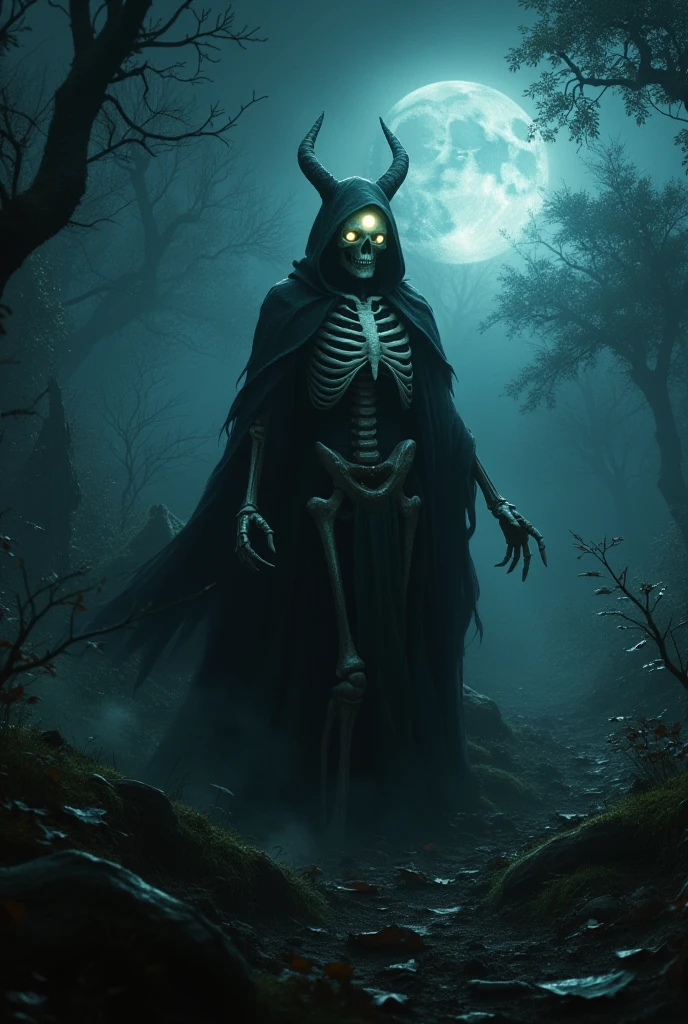 A skull elf in the middle of the night forest, illuminated by the full ...