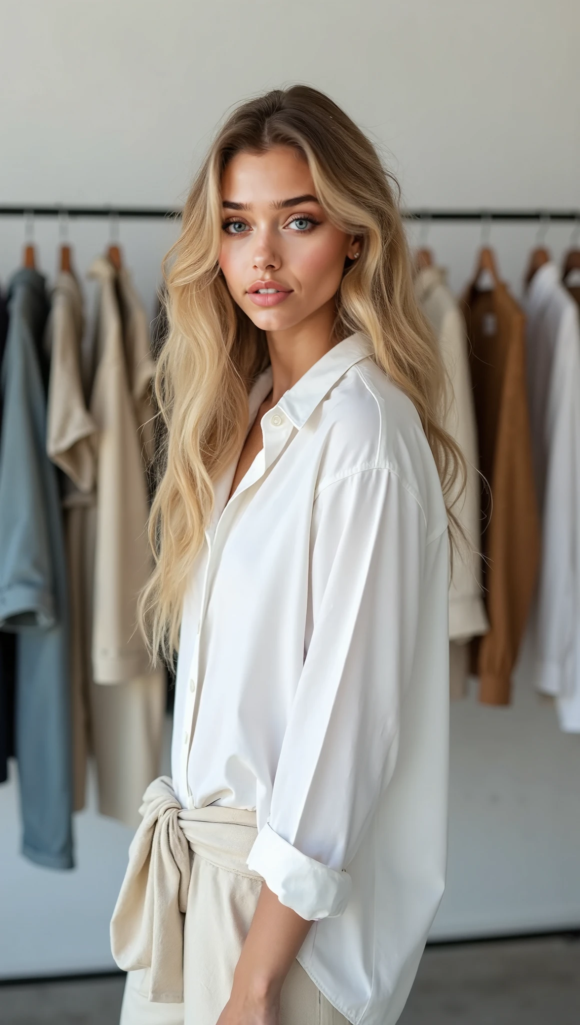 A woman standing in front of a rack of clothes - SeaArt AI