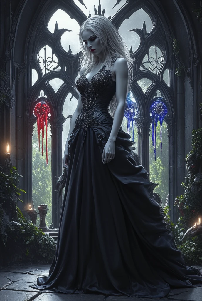 Create a vampire out of 10.000 years, with pale skin , with an elegant ...