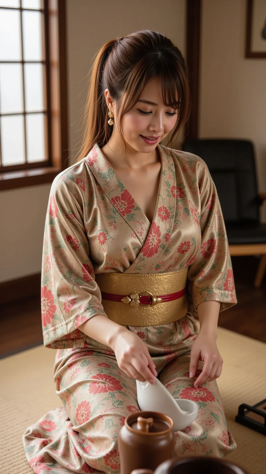 1woman, She is making the Japanese tea. She wears a kimono. She is ...