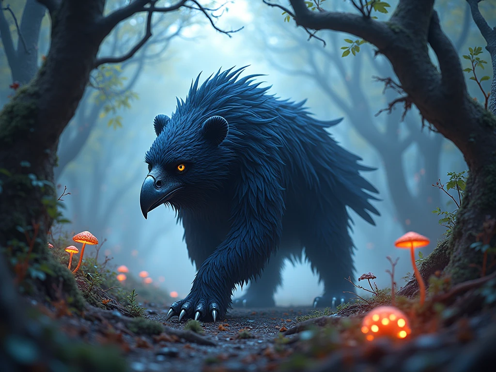 Realistic A four-legged Raven bear hybrid beast in an otherworld forest ...