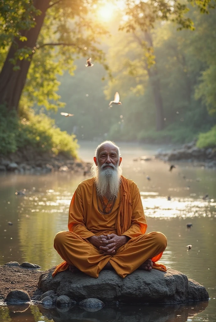 Sage Meditating by the River A serene riverside setting with a wise ...