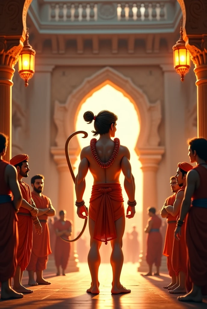 Hanuman standing proudly in the palace courtyard, with devotees and ...