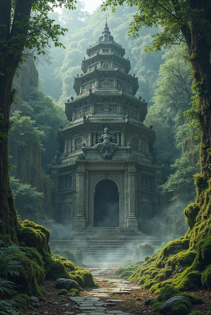 vast heavy forest with giant temple with white gradient at the bottom ...