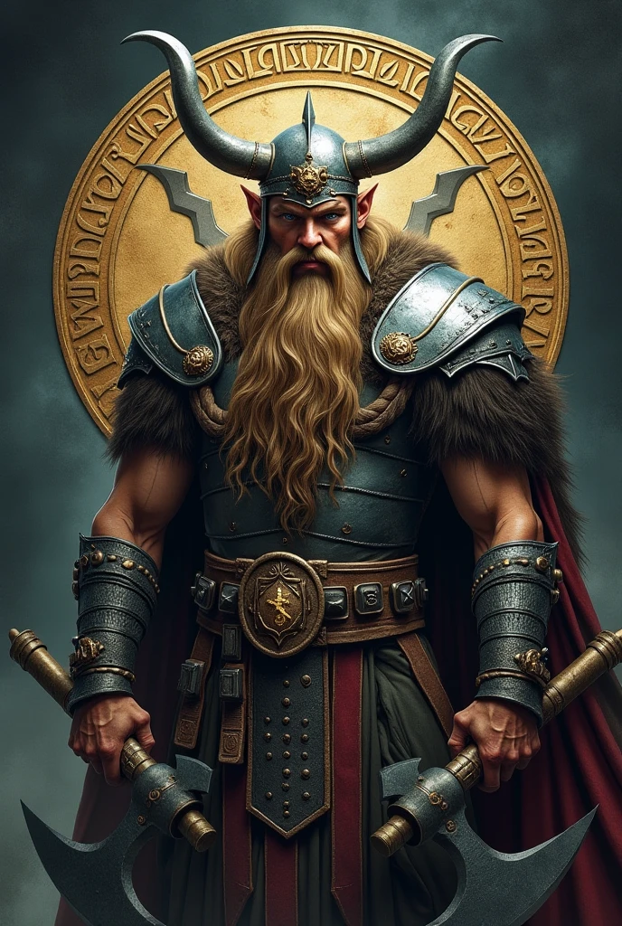 A mighty Viking warrior with a long beard, wearing a horned helmet ...