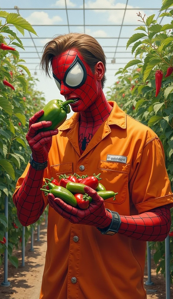 "A vivid painting of Spider-Man, wearing an orange prison uniform ...