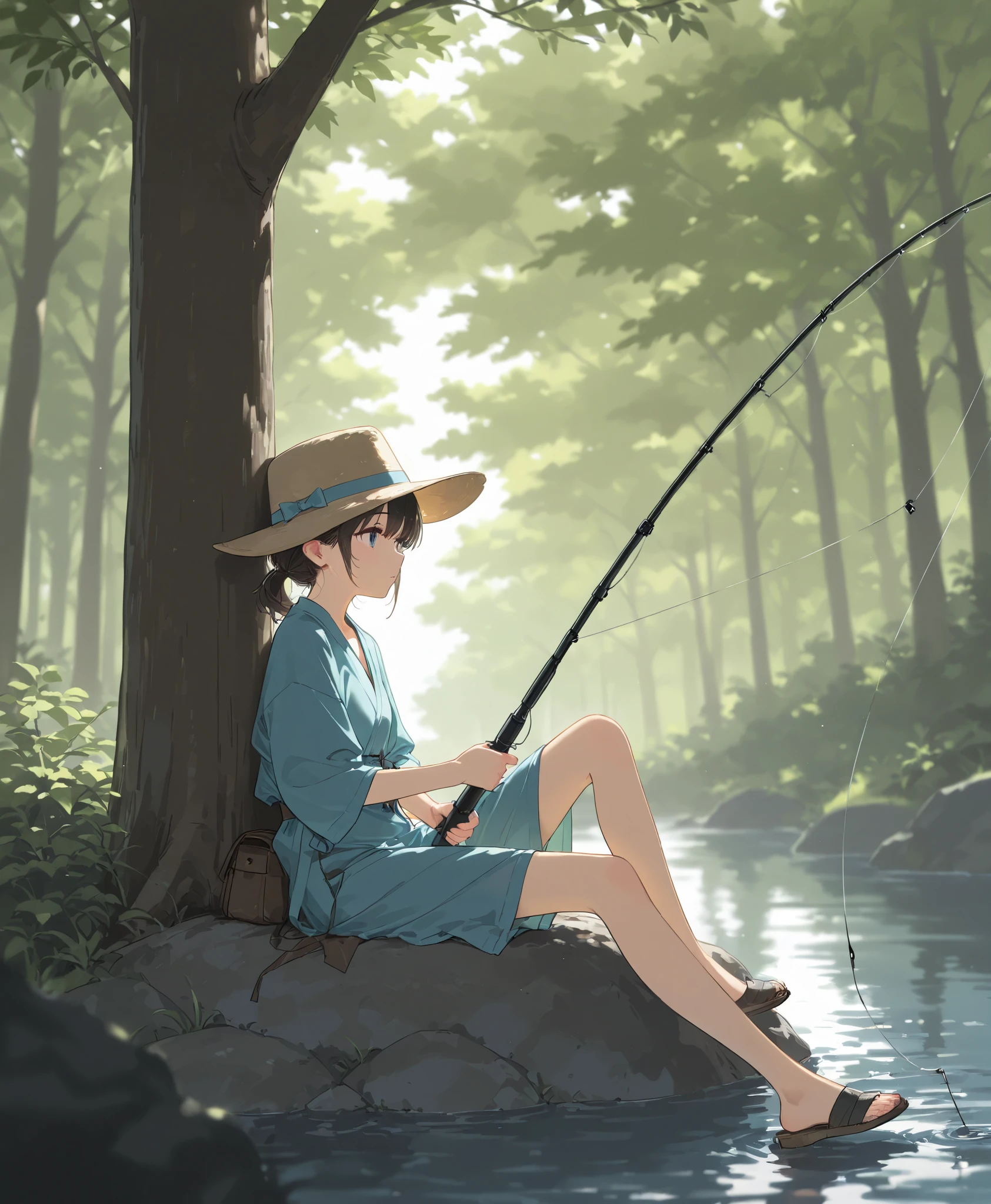 Anime girl sitting on rock fishing in river with hat on - SeaArt AI