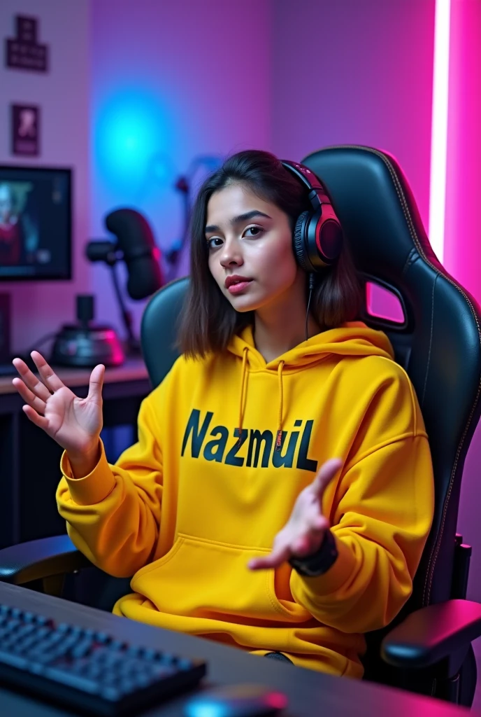 An Indian/Bangladeshi girl sitting confidently on a modern gaming chair in his Y - SeaArt AI