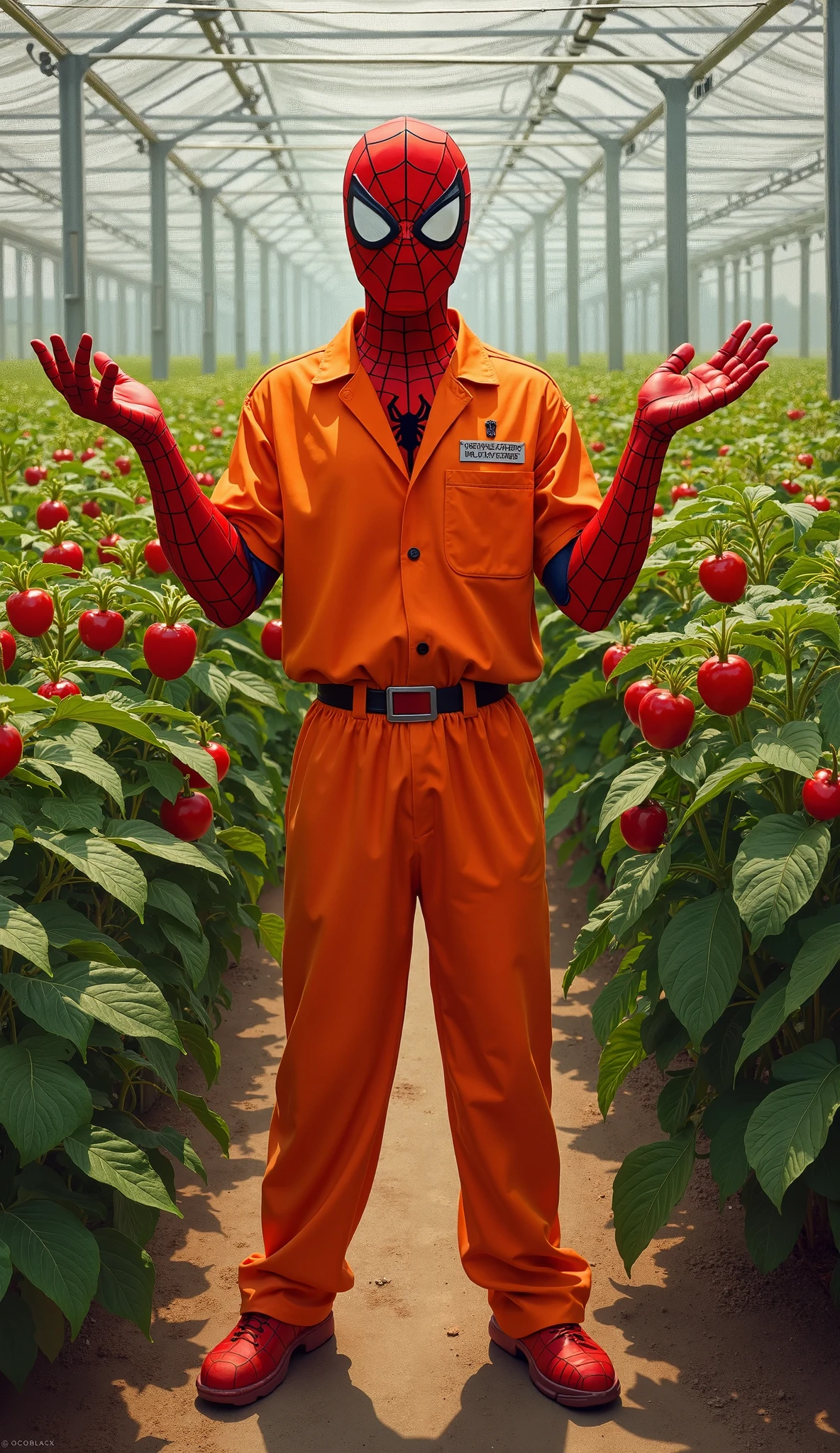 Spider - man in orange jumps standing in a greenhouse with tomatoes ...
