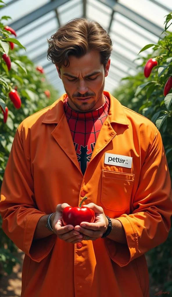 "Vivid painting of Spider-Man, wearing an orange prison uniform - SeaArt AI