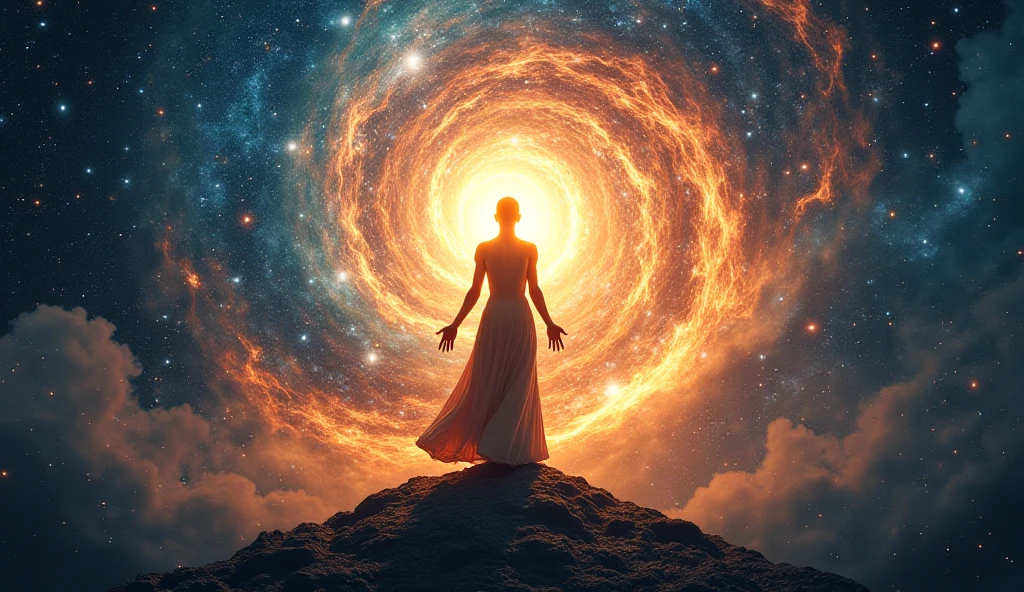 A powerful, enlightened figure stands at the center of a swirling ...