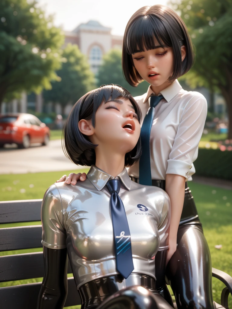 Young daughter, Sits in the park , In extremely skin-tight, shiny latex ...