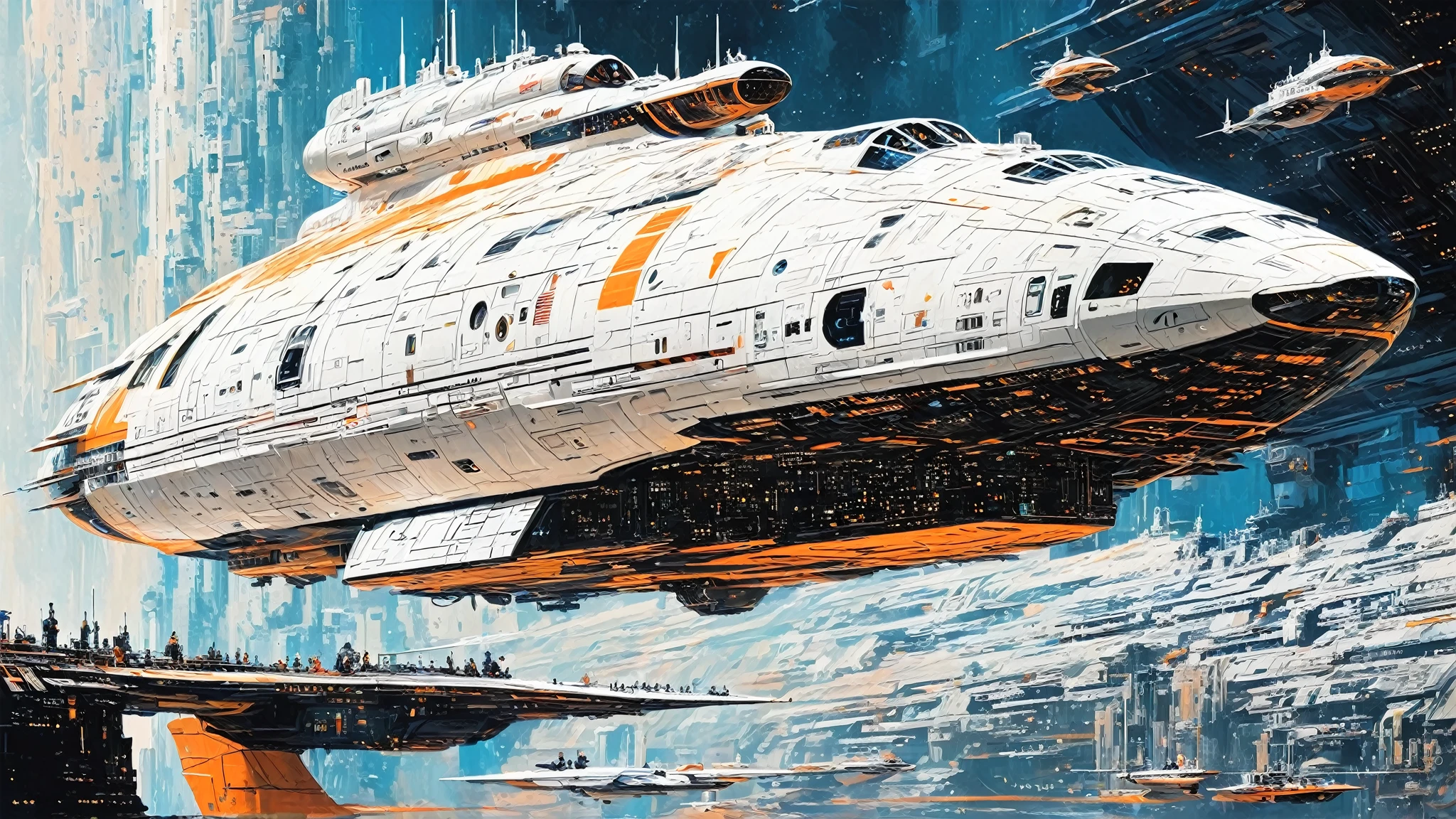 A large white orange spaceship floats in the middle of the deep sky ...