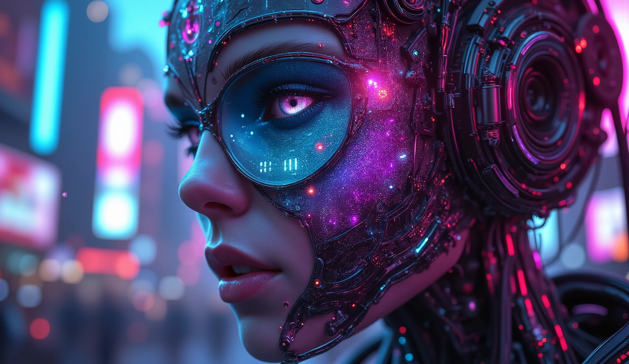 Futuristic woman with futuristic headgear and futuristic glasses in a ...