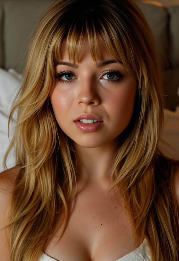 JennetteMcCurdy, bedroom scenery, long hair, cinematic lighting - SeaArt AI