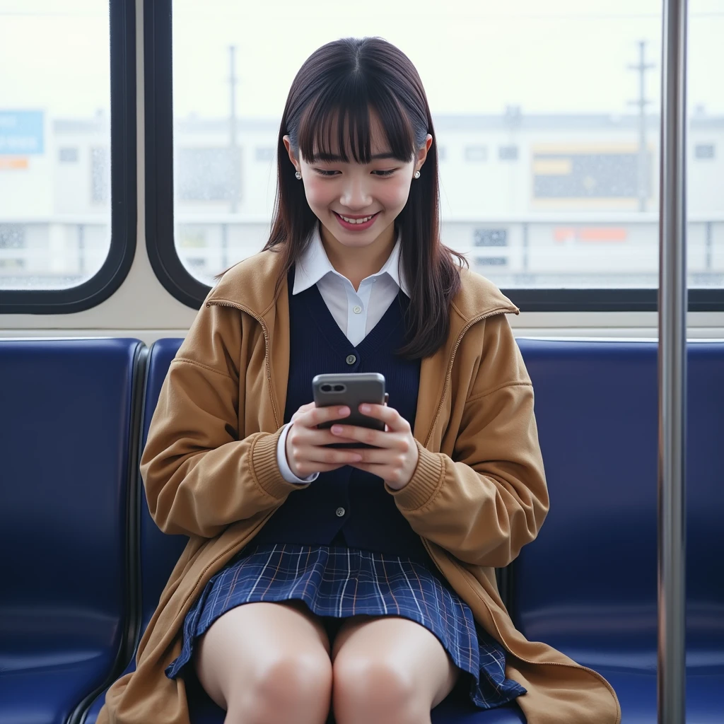 Japanese high school girl, sitting on a commuter train, fiddling with ...