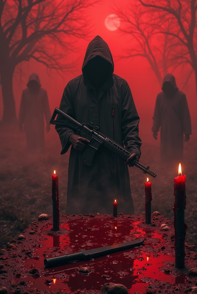 A profane altar covered in fresh blood , with black candles melting ...
