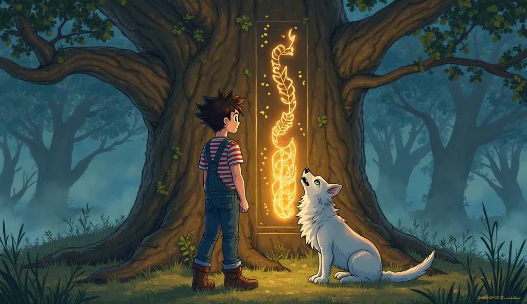 Leo and Koda stand before an enormous, ancient tree with glowing runes ...