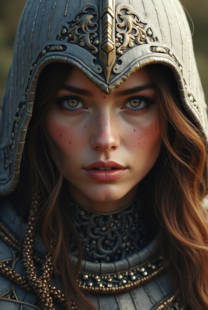 Close up portrait of a female knights templar on a crusade, centered ...