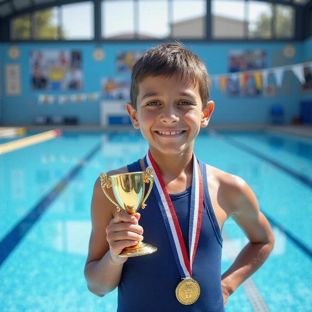". A picture of a young champion swimmer proudly standing in front of ...