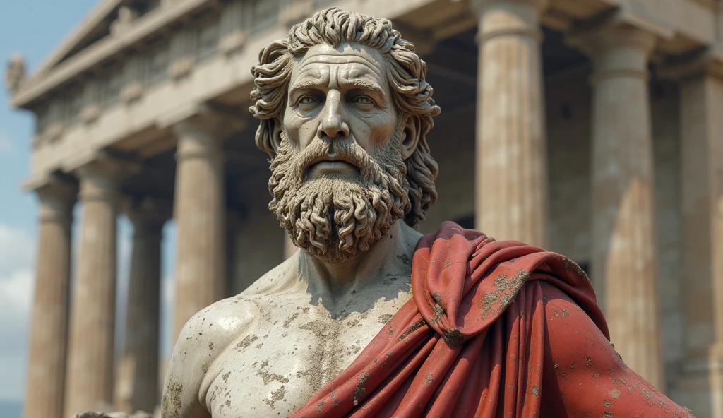 Realistic sculpture of Poseidon, tunic carved from aged marble with a ...